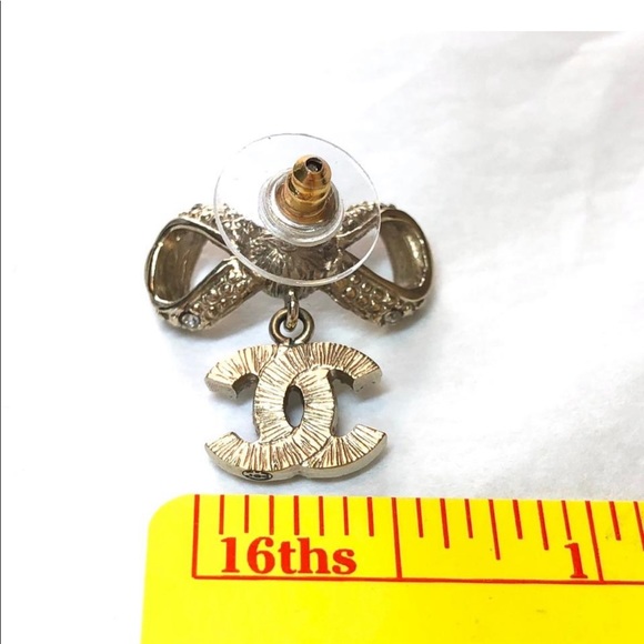 CHANEL | Jewelry | Authentic Crystal Cc Ribbon Bow Dangle 3s Stud ...